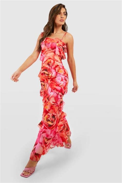 Floral Ruffle Chiffon Asymmetric Maxi Dress Boohoo Usa