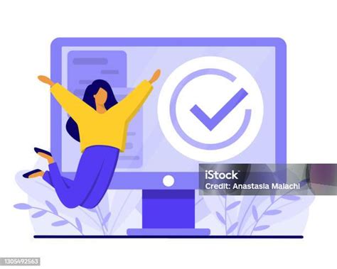 체크 마크 기호와 행복 점프 소녀와 컴퓨터 작업을 완료하거나 작업 개념을 완료했습니다 플랫 스타일 벡터 일러스트레이션 노트북에 대한 스톡 벡터 아트 및 기타 이미지 Istock
