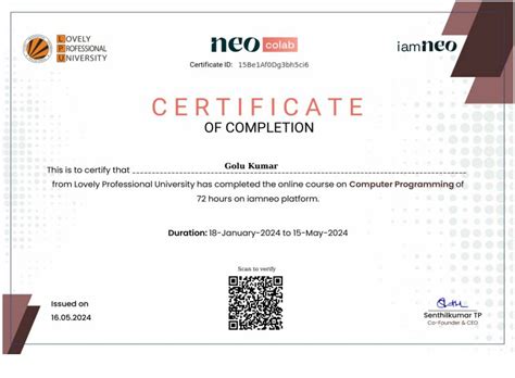 Completed 72 Hour Intensive Coding Program By Neocolab Golu Kumar