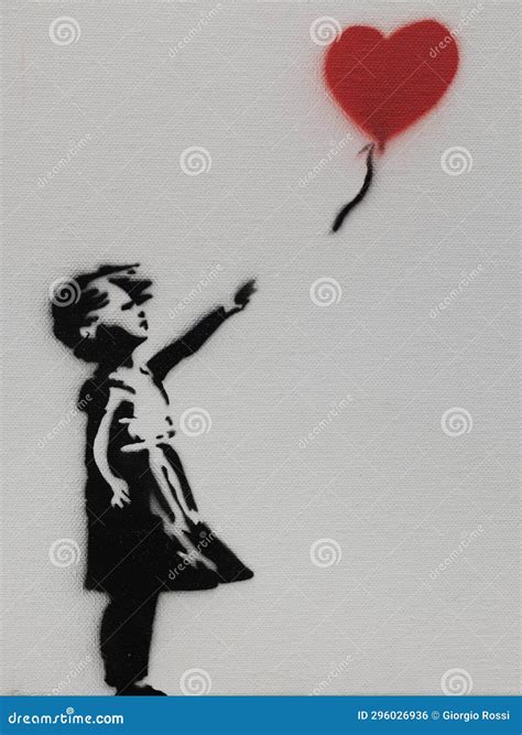 Girl With Balloon Red Heart Stencil Murals By Banksy Stock