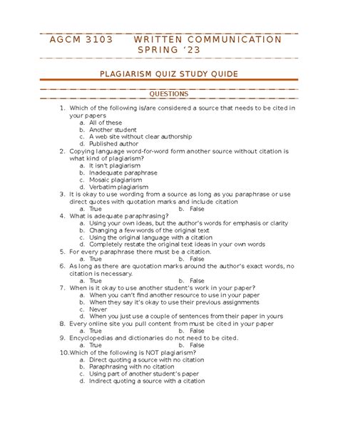 Plagarism Quiz Written Communications In Ag Science Agcm 3103 A G C M 3 1 0 3 W R I T T E