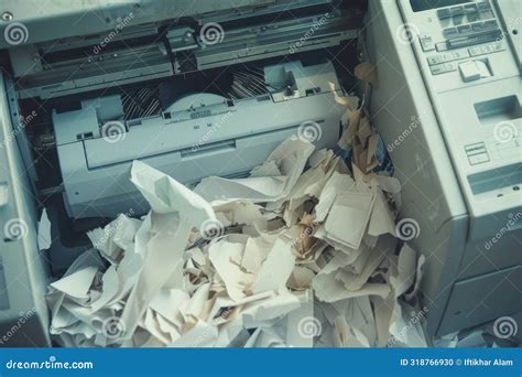 A Jammed Printer Filled With Crumpled Paper Waiting To Be Fixed An