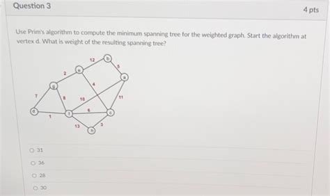 Solved Question 3 4 Pts Use Prims Algorithm To Compute The