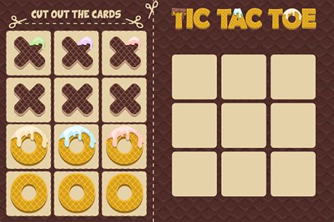 보드 게임 Tic Tac Toe 와플 테마 만화 전략 게임은 Noughts 및 Crosses 스위트 보드 로직 게임 인쇄하고