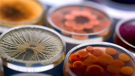 Mixed Of Bacteria Colonies In Various Petri Dish Growing Cultures Of