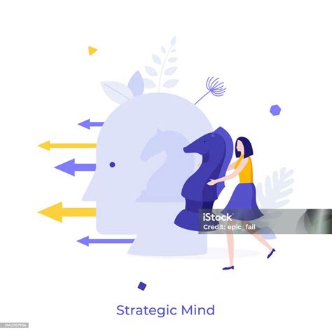 인간의 머리 화살 그리고 기사 체스 조각을 들고 있는 여자 전략적 사고 개발 방향 계획 비즈니스 전략 또는 전술에 대한 생각의 개념 현대 평면 다채로운 벡터 그림입니다