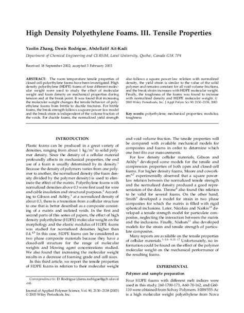 Pdf High Density Polyethylene Foams Iii Tensile Properties