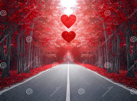 Romantic Road Through Red Trees With Hearts Stock Illustration