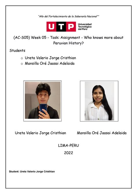 AC S Week Task Assignment Who knows more about Peruvian History Año del Studocu
