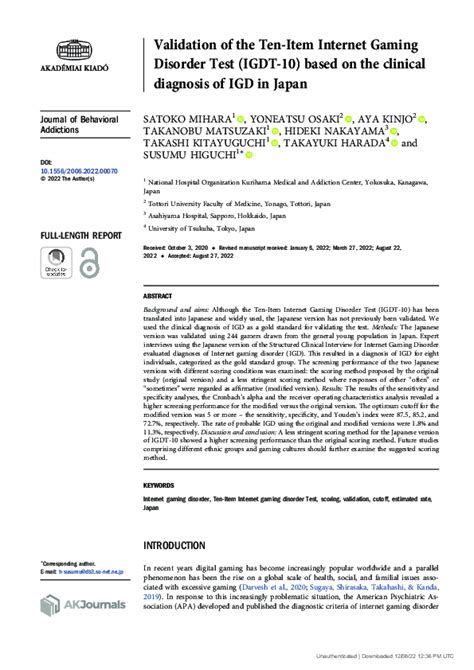 Pdf Validation Of The Ten Item Internet Gaming Disorder Test Igdt 10