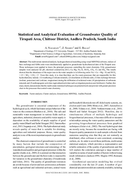 Pdf Statistical And Analytical Evaluation Of Groundwater Quality Of Tirupati Area Chittoor