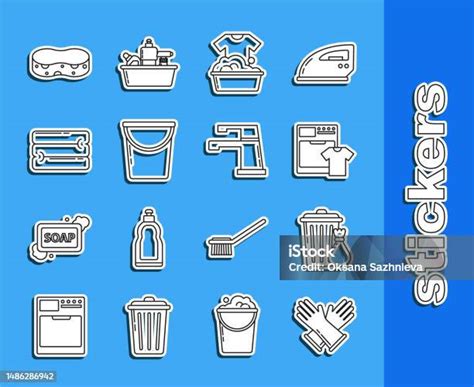 세트 라인 고무 장갑 쓰레기통 및 쓰레기 봉투 세탁기 티셔츠 비눗물이 있는 플라스틱 대야 양동이 수건 더미 스폰지 및 수도꼭지 아이콘 벡터 T 셔츠에 대한 스톡 벡터 아트