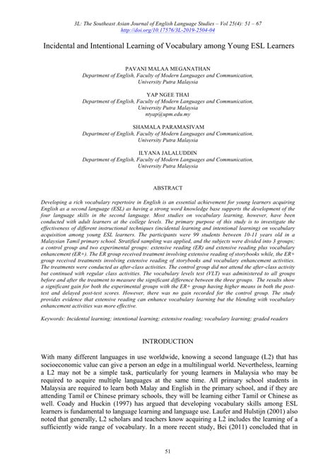 Pdf Incidental And Intentional Learning Of Vocabulary Among Young Esl Learners