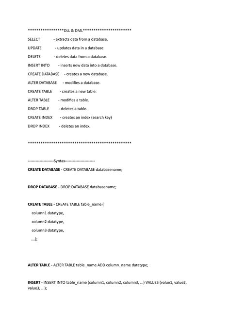 Syntax Of Mysql Dll And Dml Select Extracts Data From A