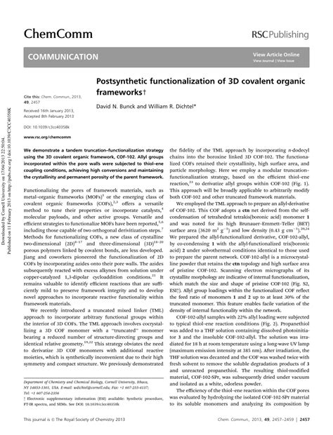 Pdf Postsynthetic Functionalization Of 3d Covalent Organic Frameworks