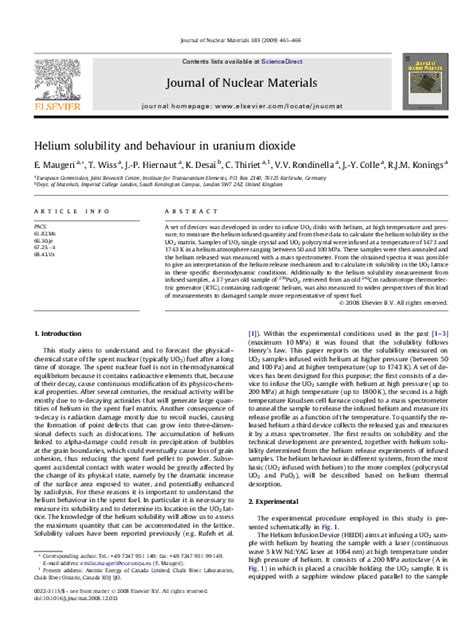 Pdf Helium Solubility And Behaviour In Uranium Dioxide