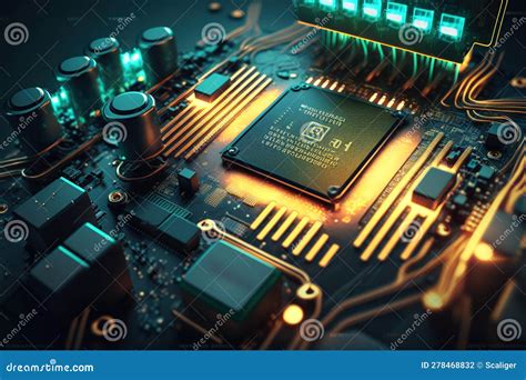 cpu chips inside computer processor and microchips on circuit board generative ai stock