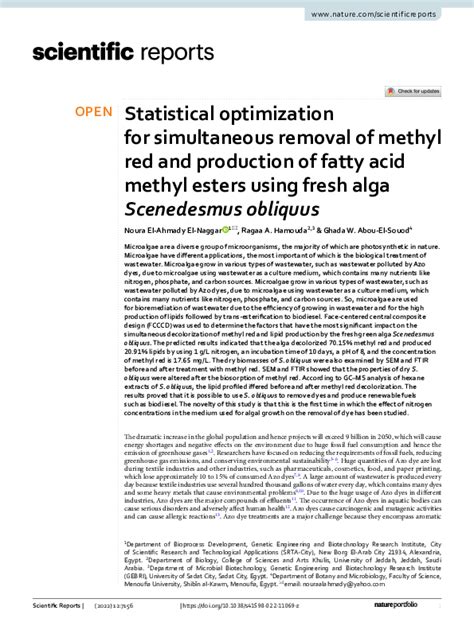 Pdf Statistical Optimization For Simultaneous Removal Of Methyl Red