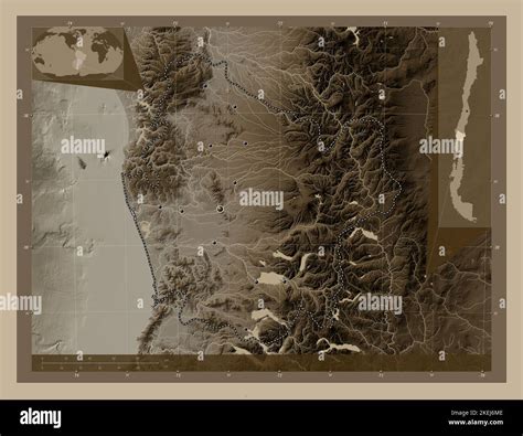 Araucania Region Of Chile Elevation Map Colored In Sepia Tones With