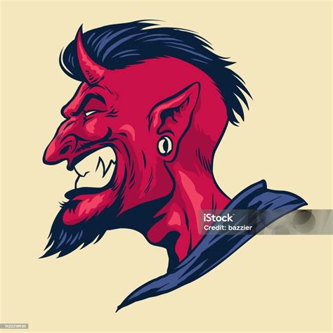 Angry Side Face Of Devil In Vintage Hand Drawn Style Stock Illustration