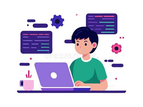 A Man Writing Code On Laptop Flat Illustration Stock Vector