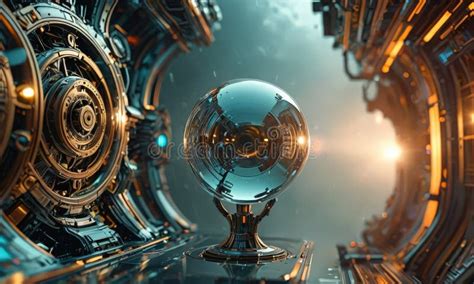 Metallic Sphere With Reflective Surface Is Centered In Futuristic