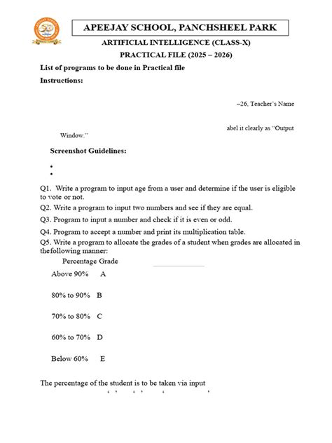 Artificial Intelligence Practical File Class X Pdf Computing