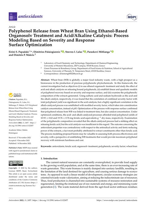 Pdf Polyphenol Release From Wheat Bran Using Ethanol Based Organosolv Treatment And Acid