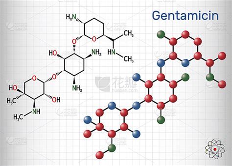 庆大霉素分子。它是广谱氨基糖苷类抗生素。结构化学式和分子模型。笼子里的一张纸