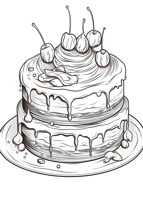 케이크 컬러링 페이지 생일 케이크 색칠 페이지 웨딩 케이크 칠색 페이지 손으로 그려진 생일케이크 윤 일러스트레이션 컬러링 책 페이지 Ai 생성 프리미엄 사진