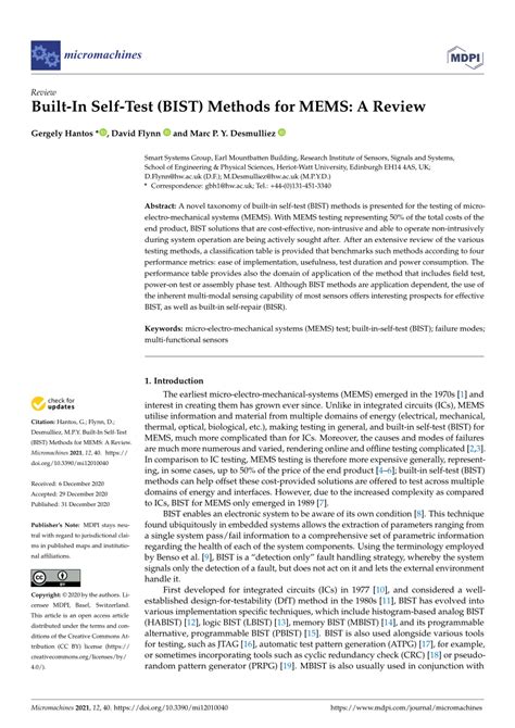 Pdf Built In Self Test Bist Methods For Mems A Review