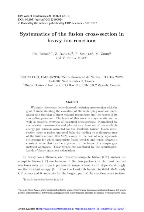 Pdf Systematics Of The Fusion Cross Section In Heavy Ion Reactions
