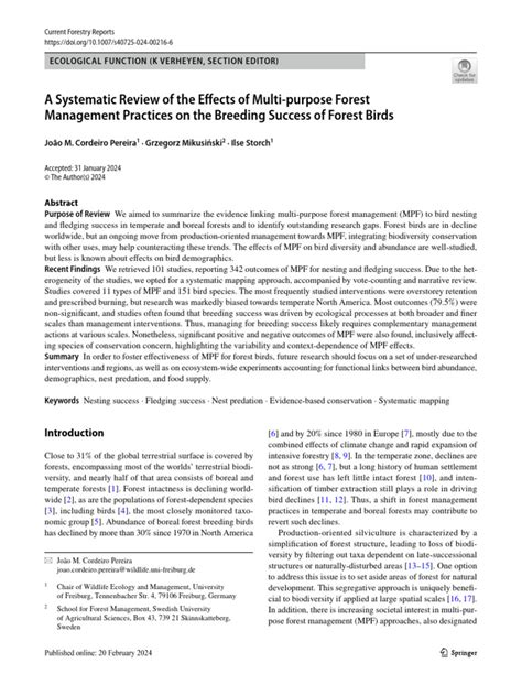 A Systematic Review Of The Effects Of Multi Purpose Forest Management Practices On The Breeding