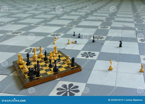 Tablero De Ajedrez Con Figuras Dispersas En El Suelo A Cuadros Imagen