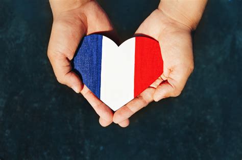 프랑스 국기의 색으로 그려진 나무 심장 흰색과 빨간색은 남성의 손바닥에 자리 잡고 있습니다 프랑스에 대한 스톡 사진 및 기타 이미지 Istock