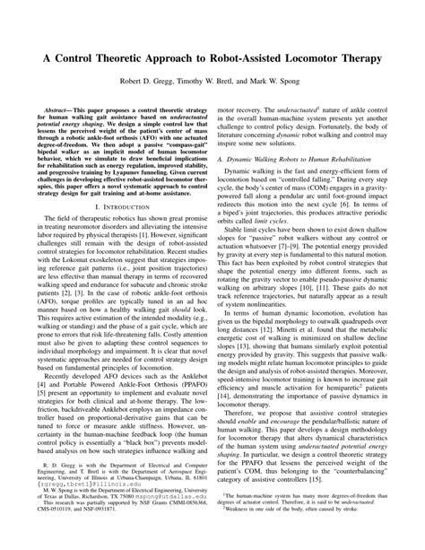 Pdf A Control Theoretic Approach To Robot Assisted Locomotor Therapy