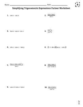 Simplifying Trigonometric Expressions Partner Worksheet TpT