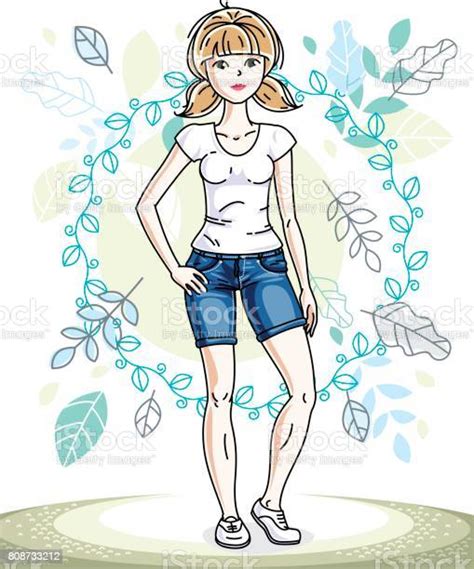 행복 한 예쁜 젊은 금발 여자 봄 생태의 배경에 서 있는 섬세 한 푸른 잎 및 세련 된 캐주얼 옷을 입고 벡터 문자입니다 T 셔츠에 대한 스톡 벡터 아트 및 기타 이미지