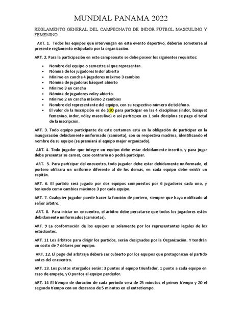 Reglamento General Del Campeonato De Indor Fútbol Masculino Y Femenino 2 Pdf Asociación De