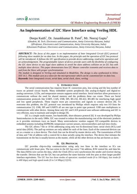 PDF An Implementation Of I2C Slave Interface Using Verilog HDL