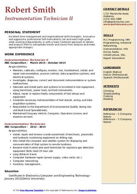 Instrument Technician Resume Examples Samples Qwik