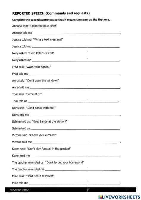 Reported Speech Commands Worksheet Reported Speech Speech Worksheets