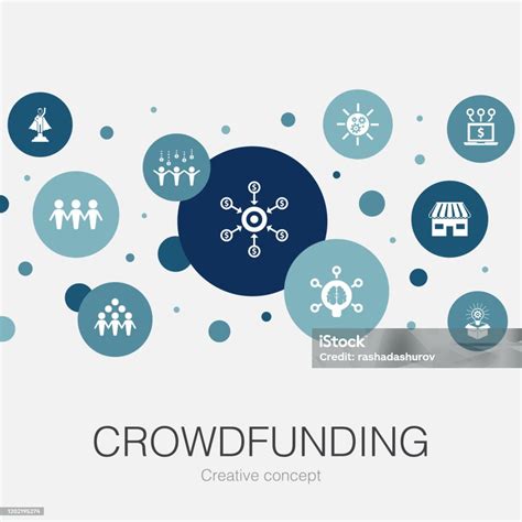 간단한 아이콘과 크라우드 펀딩 트렌디 한 서클 템플릿 스타트업 제품 출시 자금 조달 플랫폼 커뮤니티 등의 요소를 포함합니다 Launch Party에 대한 스톡 벡터 아트 및