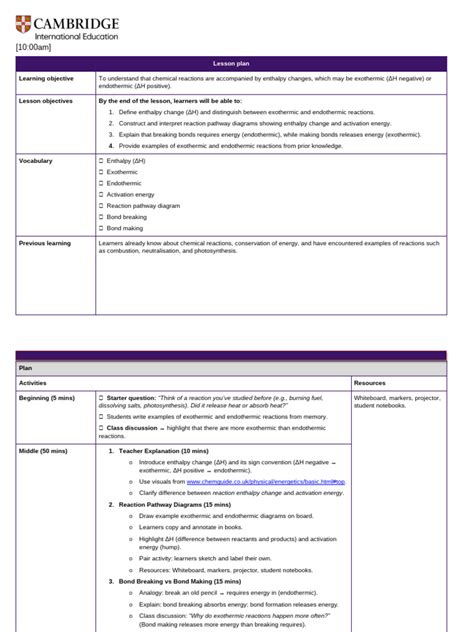 Pdq Lessonplan Template Pdf Chemical Reactions Enthalpy