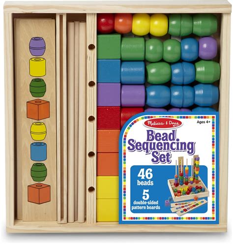 bead sequencing set with 46 wooden beads and 5 double sided pattern