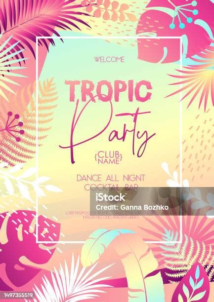 형광 열대 잎이 있는 화려한 여름 디스코 파티 포스터 여름 배경입니다 벡터 그림 계절에 대한 스톡 벡터 아트 및 기타 이미지 계절 공휴일 그라데이션 Istock