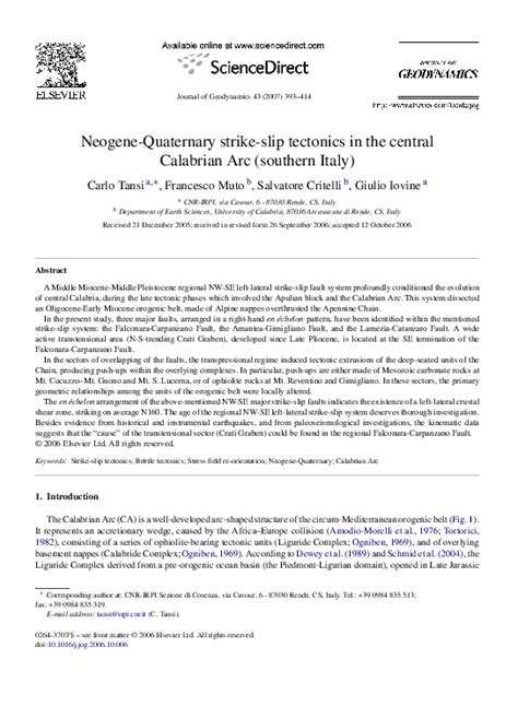 Pdf Neogene Quaternary Strike Slip Tectonics In The Central Calabrian Arc Southern Italy