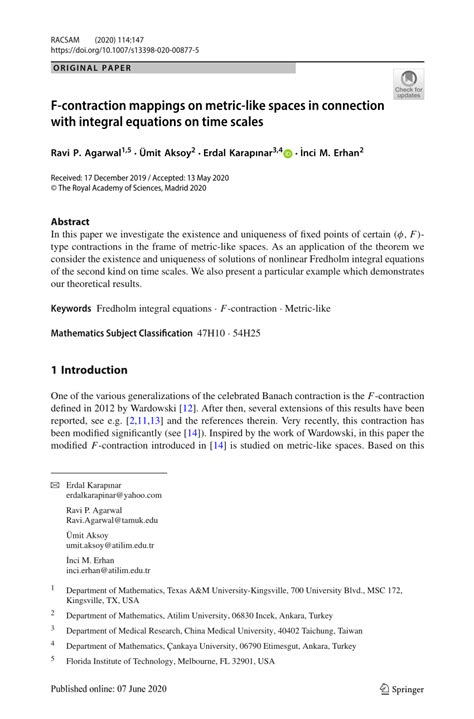 Pdf F Contraction Mappings On Metric Like Spaces In Connection With Integral Equations On Time