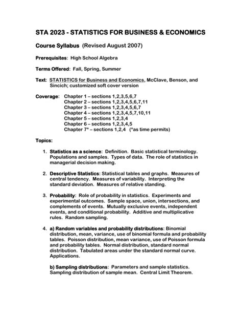 Sta 2023 Statistics For Business And Economics Syllabus
