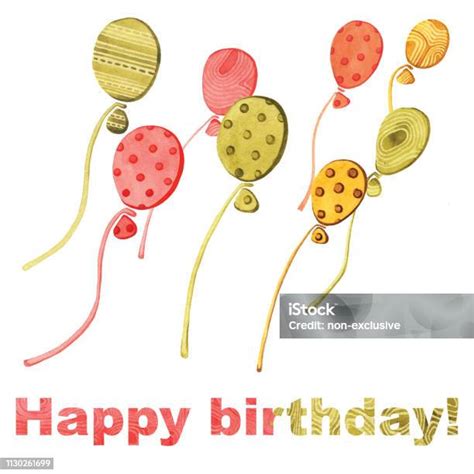 인쇄 포스터 인사말 카드에 대 한 풍선 생일 축 하 수채화 그림 흰색 배경에 빨간색 녹색 및 노란색 풍선 화려한 나무 질감 편지 고립 색상에 대한 스톡 벡터 아트 및 기타